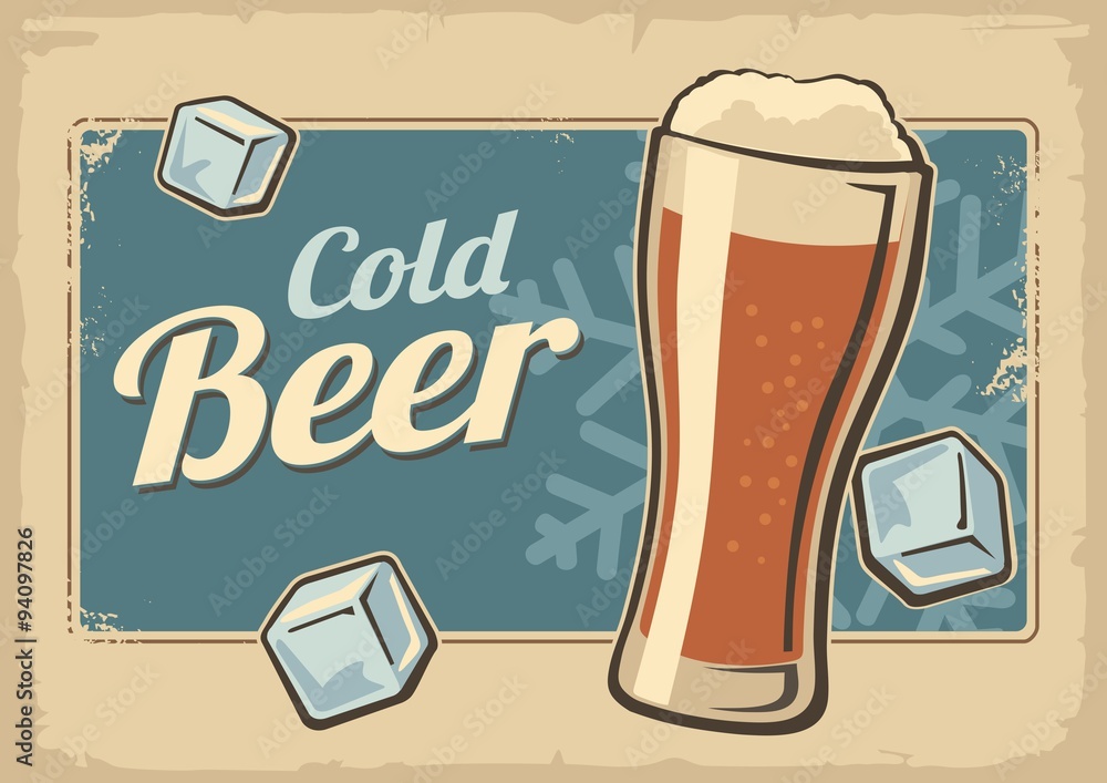 Vintage poster cold beer and ice cubes. Retro label or banner design ...