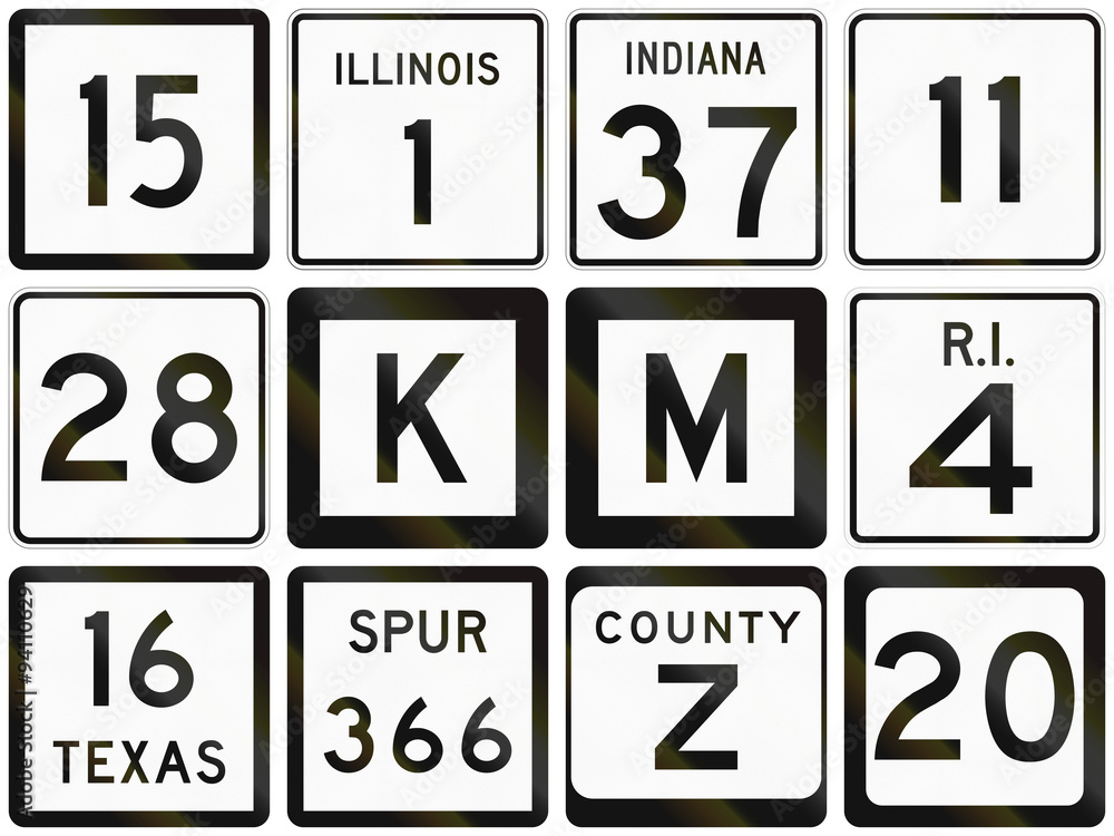 Collection of numbered secondary road signs used in the USA Stock ...