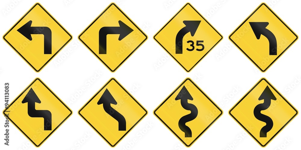 Collection of curve warning signs used in the USA Stock Photo | Adobe Stock