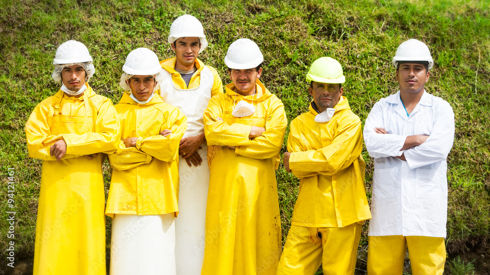 team of butchery employee or butchers and veterinarian physician ...