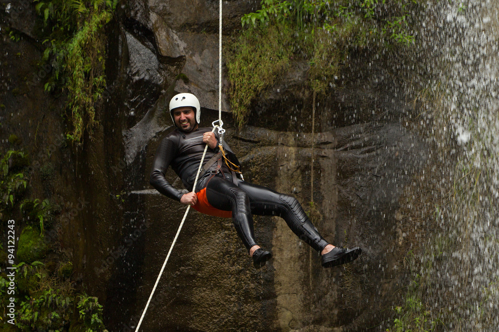 canyoning ropes people ecuador mature man descending an ecuadorian ...