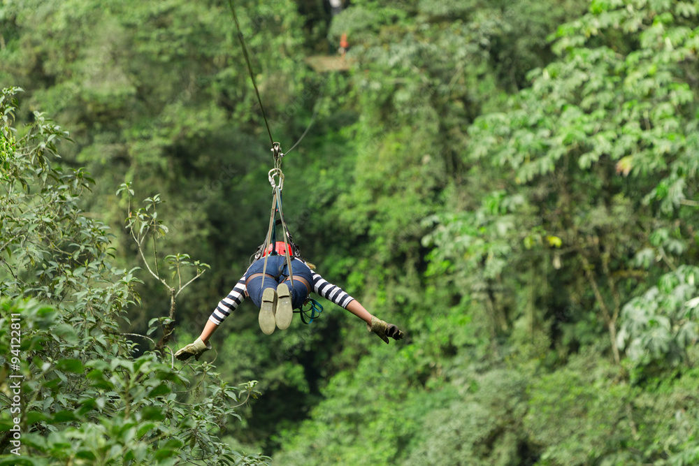 zip line wire woman jungle rain forest flying adult femininity on ...