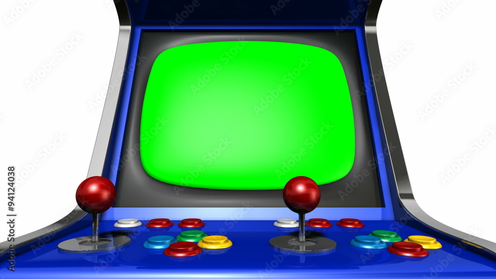 A pan across of a vintage arcade game with a joystick and a green ...