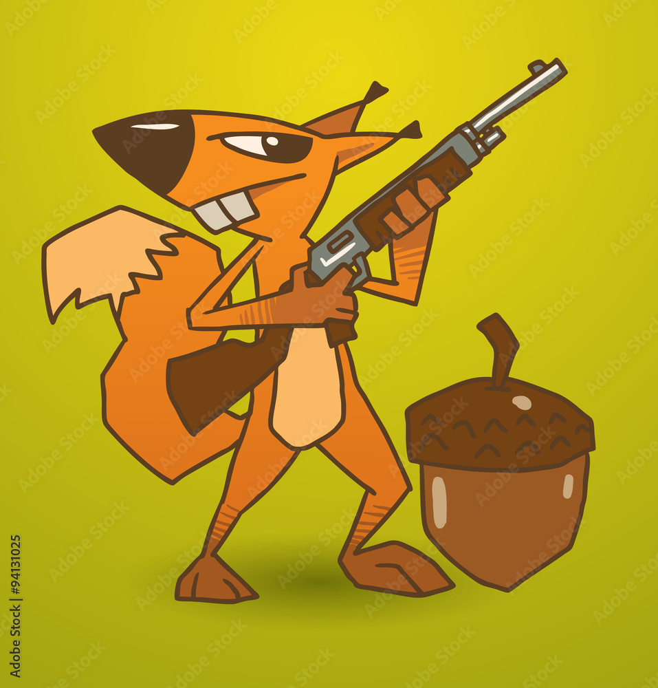 Vector crazy squirrel guards the nut with a gun. Image of a crazy ...