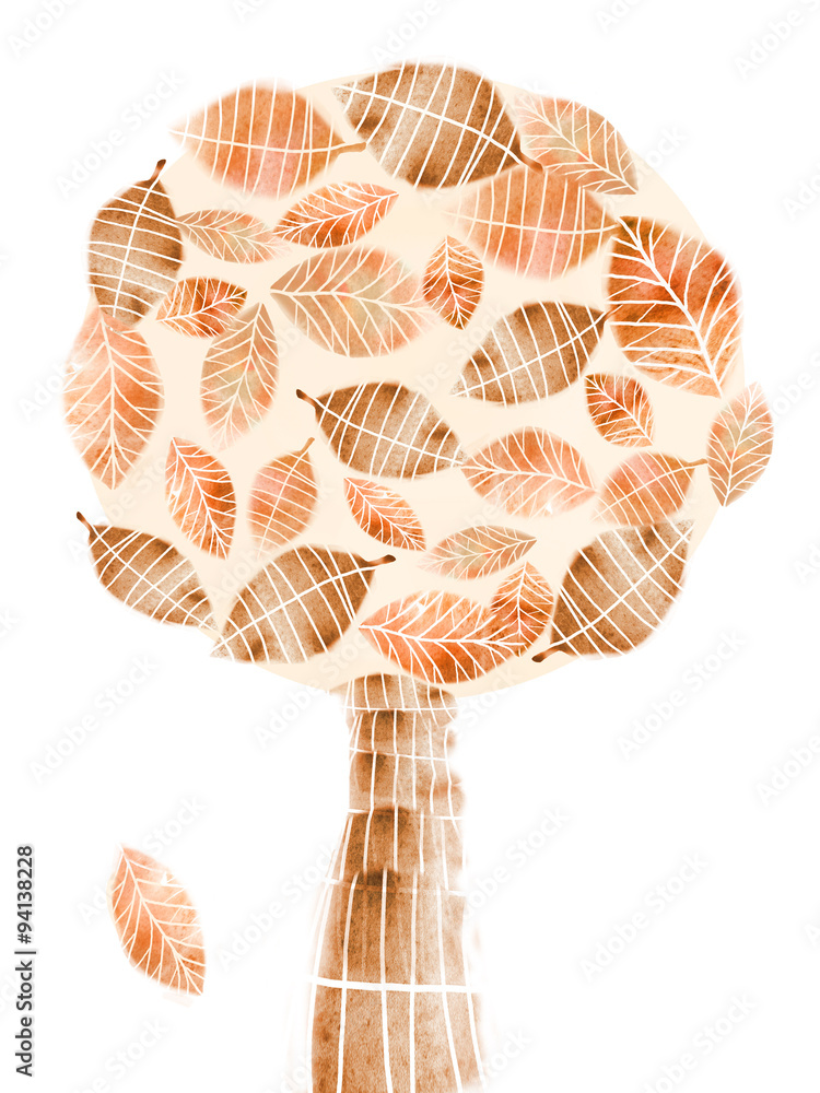 Autumn abstract tree with falling leaf isolated on white background ...