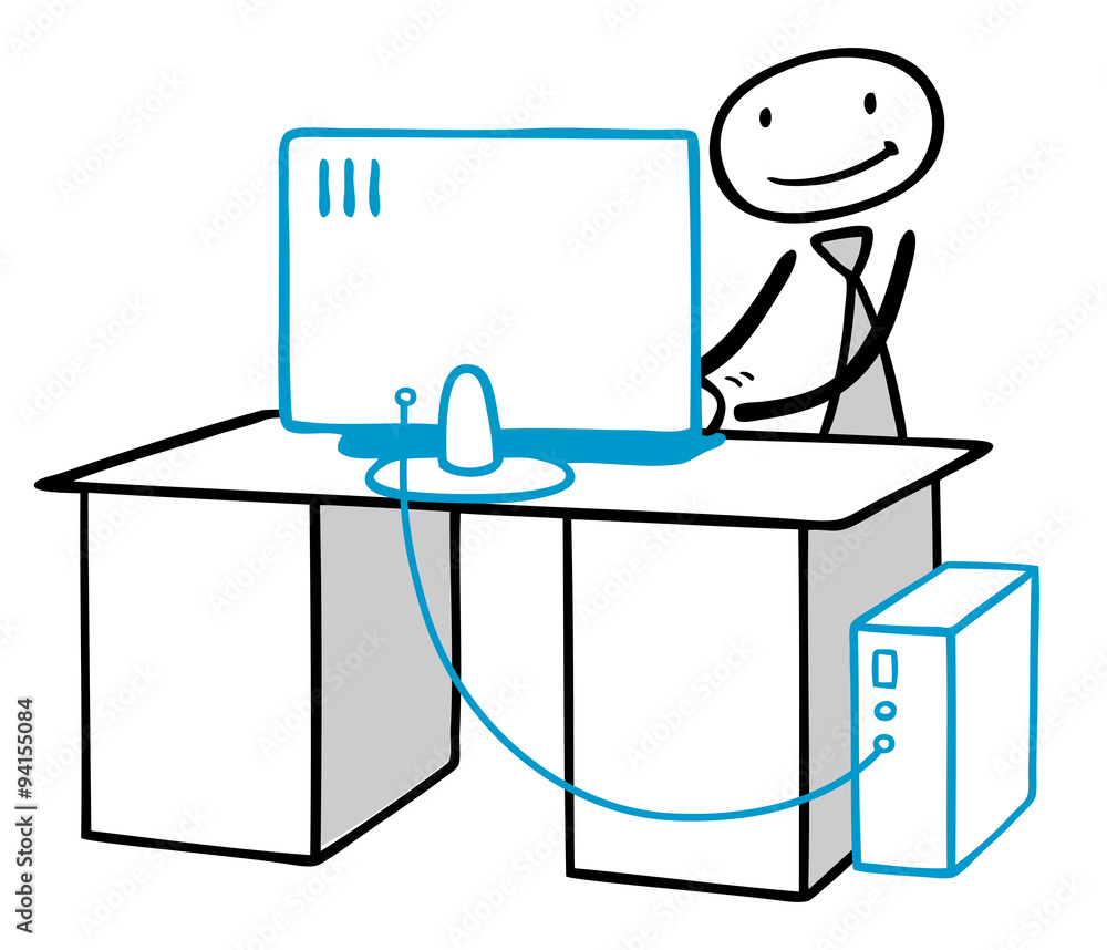 Mann arbeitet am Computer am Schreibtisch Stock Illustration | Adobe Stock