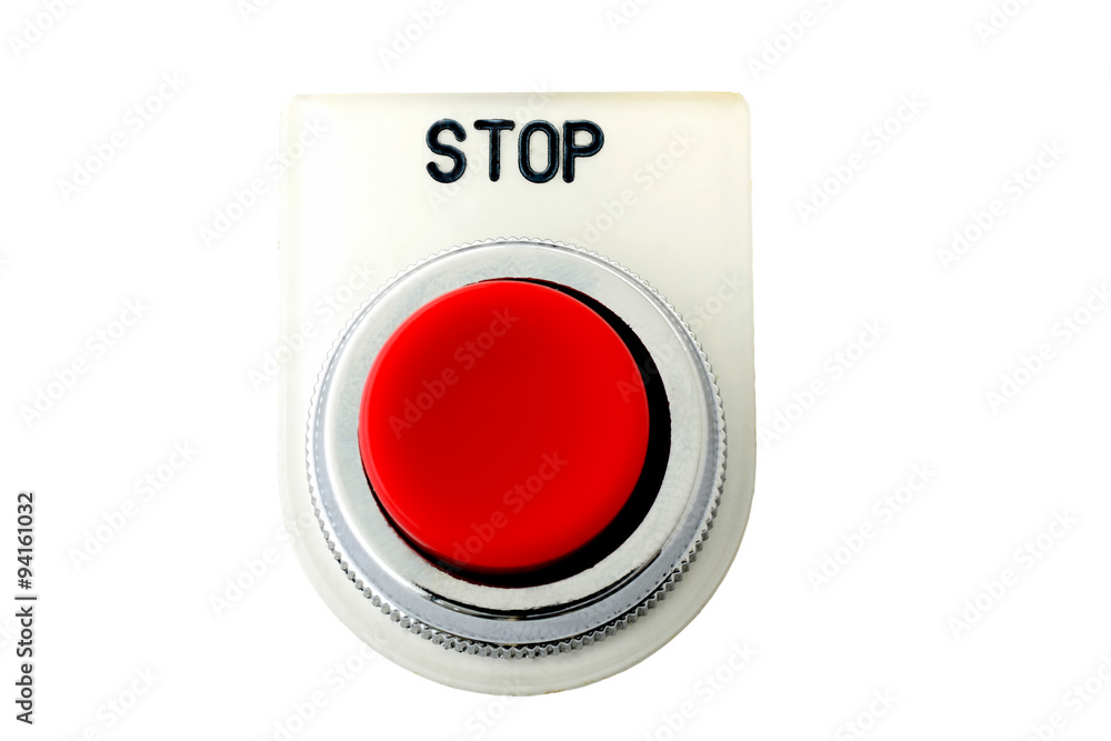 Closeup of red push button with stop faceplate isolated in white ...