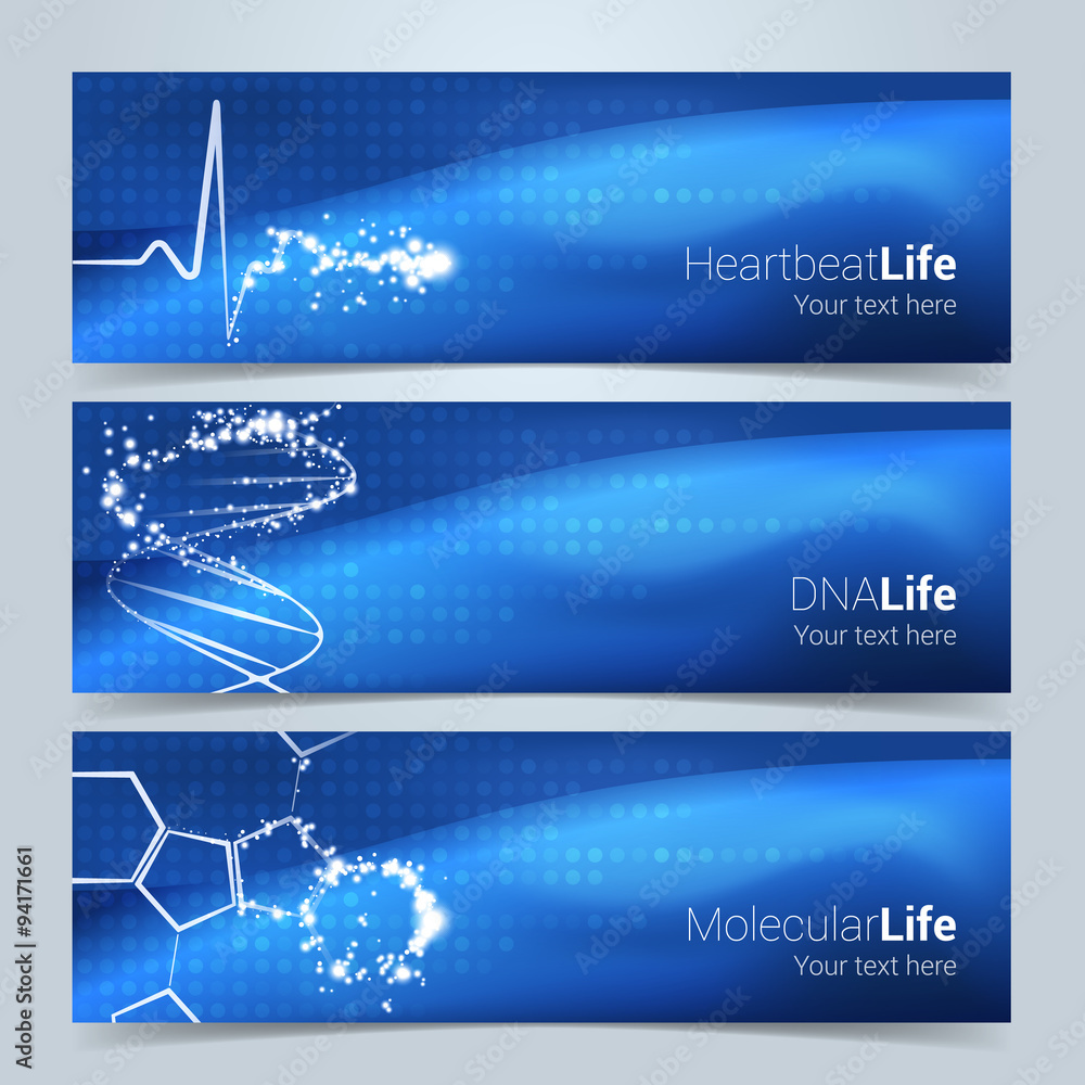 Medical banners or website header set. Heartbeat, dna string and ...