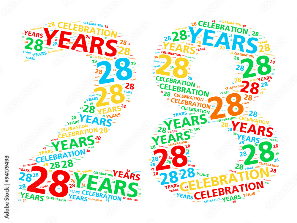 Colorful Word Cloud For Celebrating A 28 Year Birthday Or Anniversary