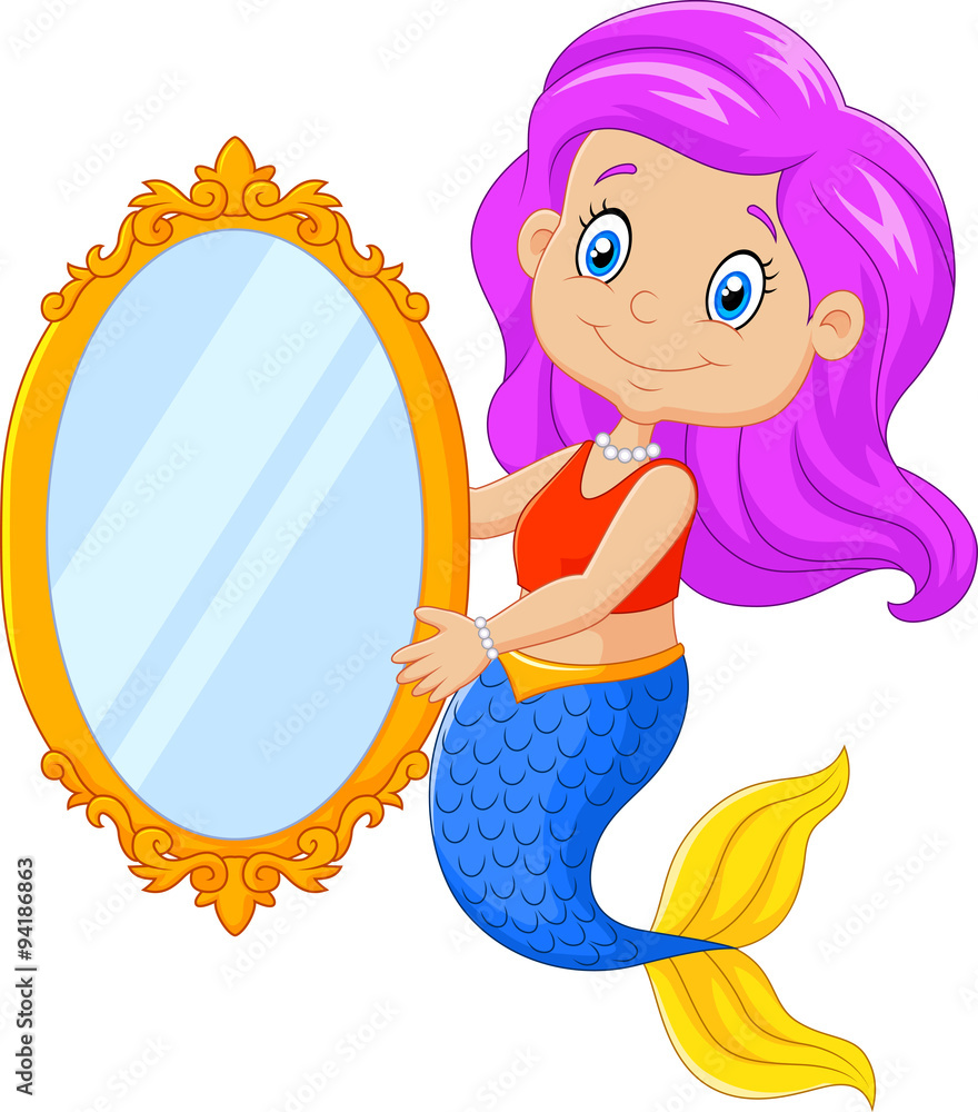 Cartoon funny mermaid swimming holding a classic mirror Stock Vector ...