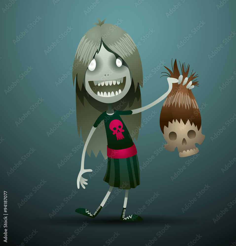 Vector image of a cute cartoon girl evil with dark hair, dressed in a ...