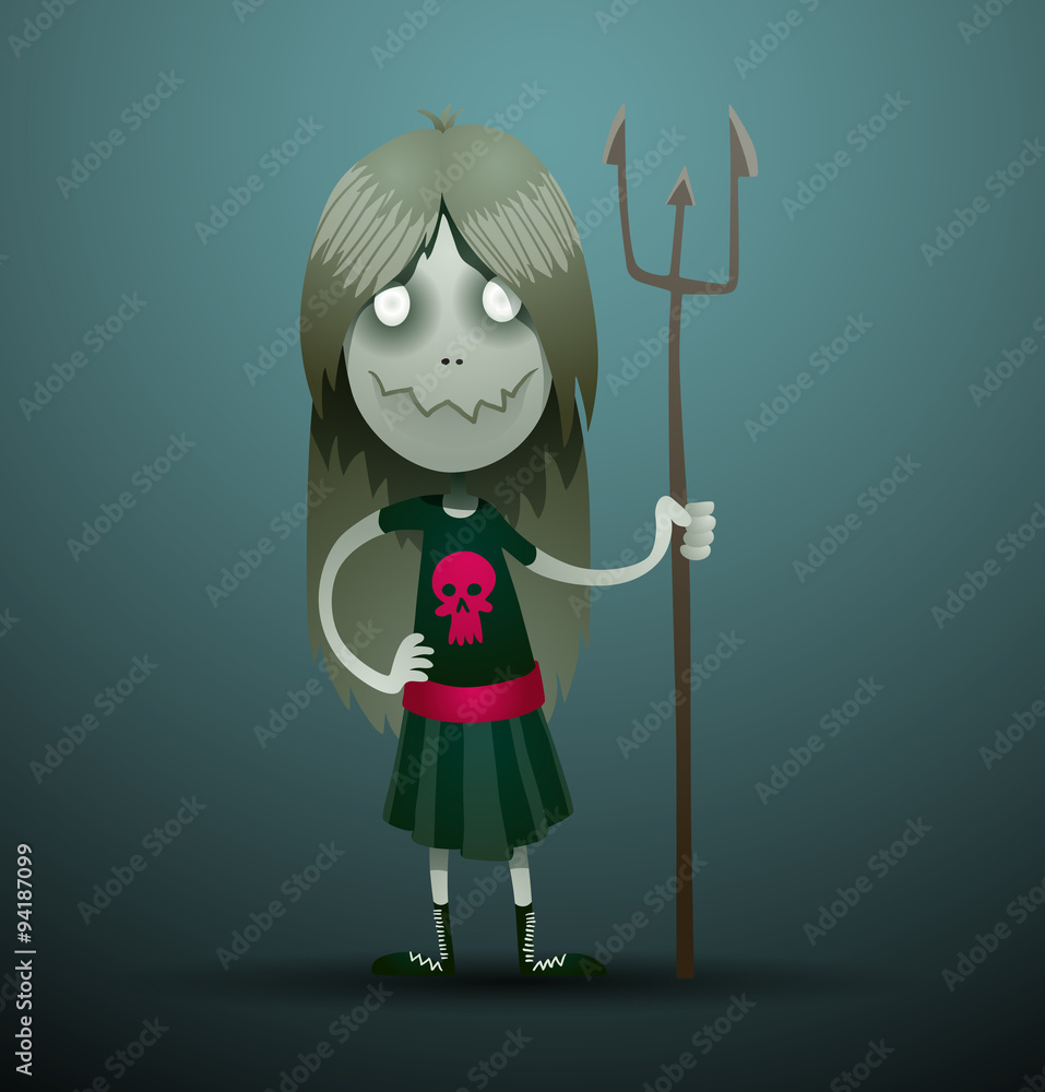 Vector image of a cute cartoon girl evil with dark hair, dressed in a ...
