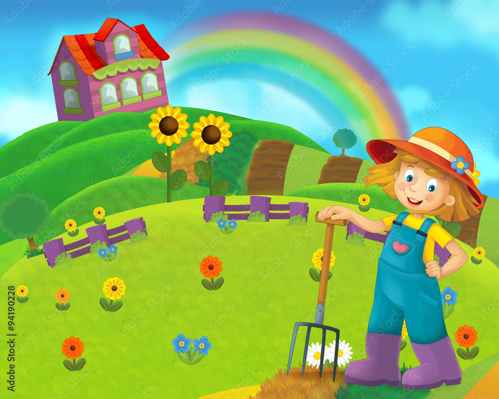 Cartoon farm scene with a farm girl - illustration for the children ...