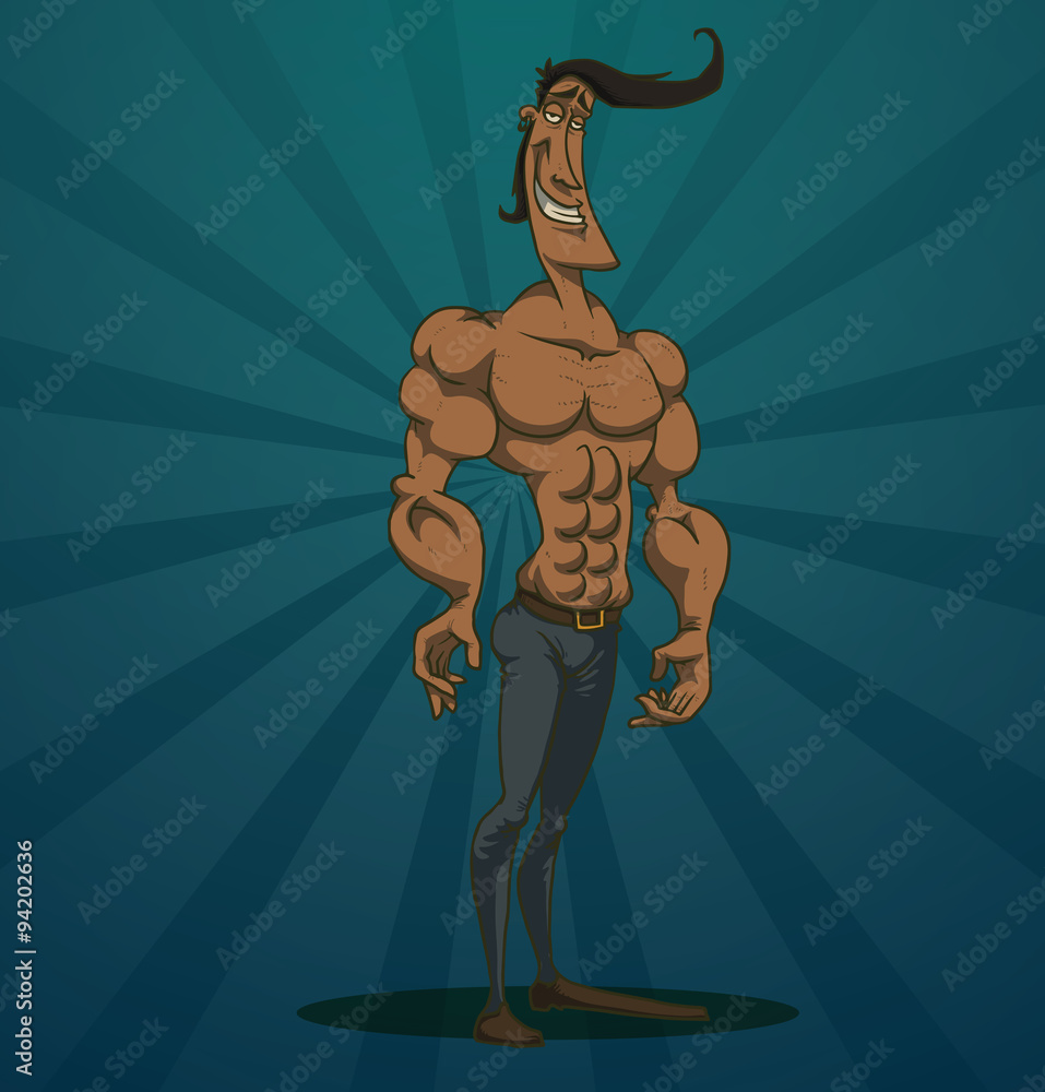 Vector funny macho man. Cartoon image of funny macho man with black ...