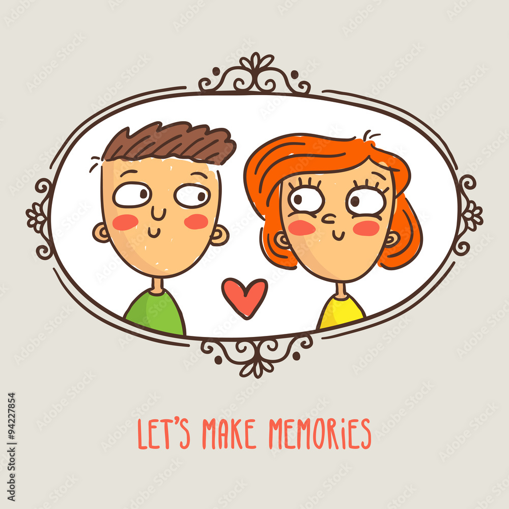 Cartoon couple in love, framed picture with lovely caption Stock Vector ...