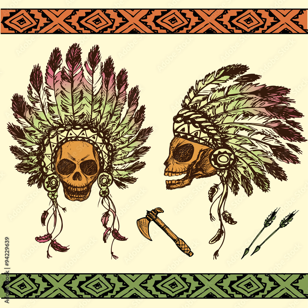 human skull in native American Indian chief headdress with tomah Stock ...