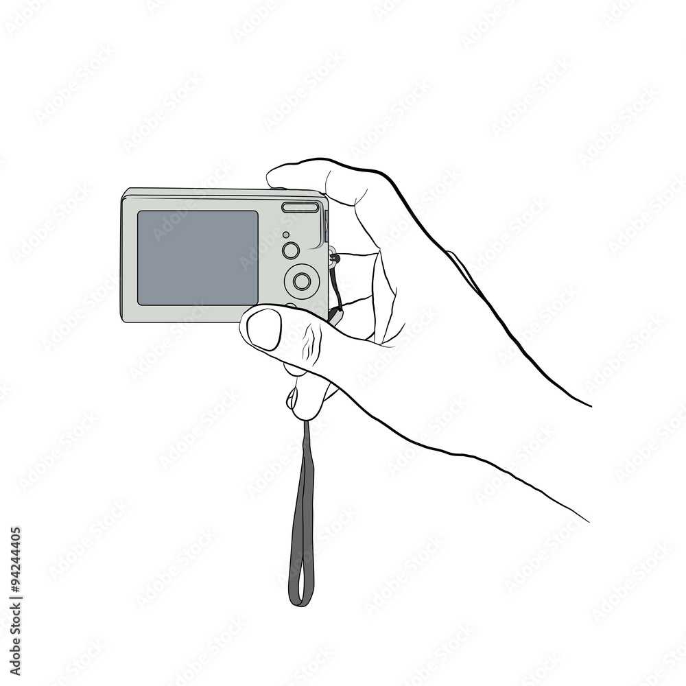 Male hand line art style with colored digitl camera. Man holding ...
