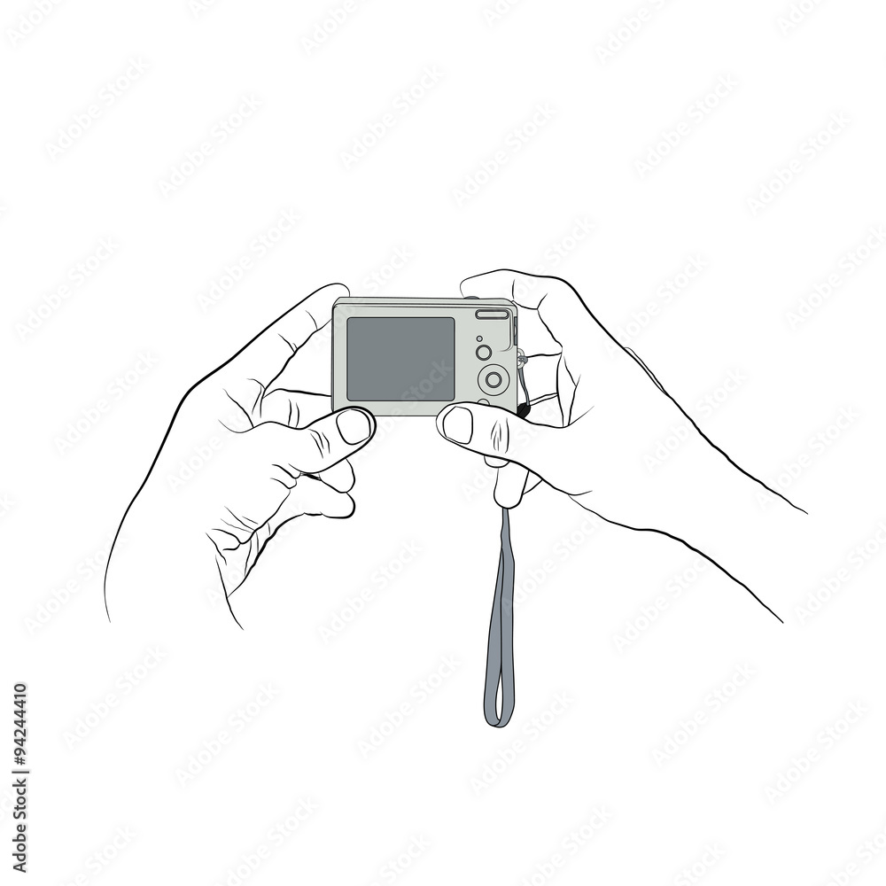 Two hands line art style with colored digital camera. Man holding ...
