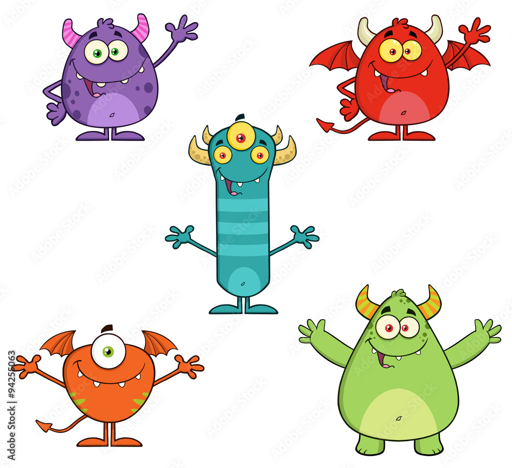 Five Monster Cartoon Characters Waving. Collection Set Stock Vector ...