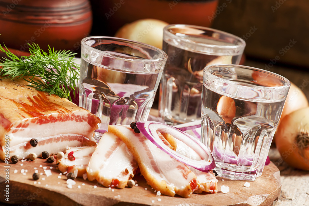 Vodka with spicy red onion, bacon and pepper, Russian tradition, Stock ...