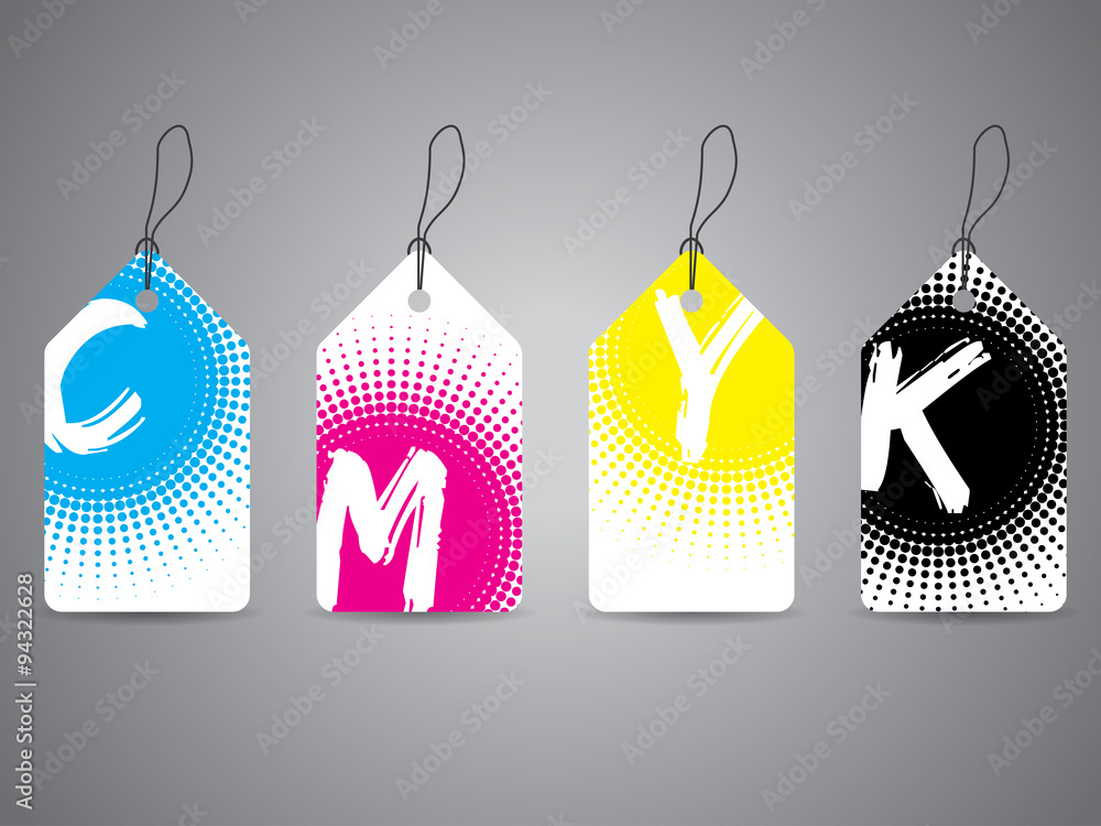 Cmyk labels with painted text in halftones Stock Vector | Adobe Stock
