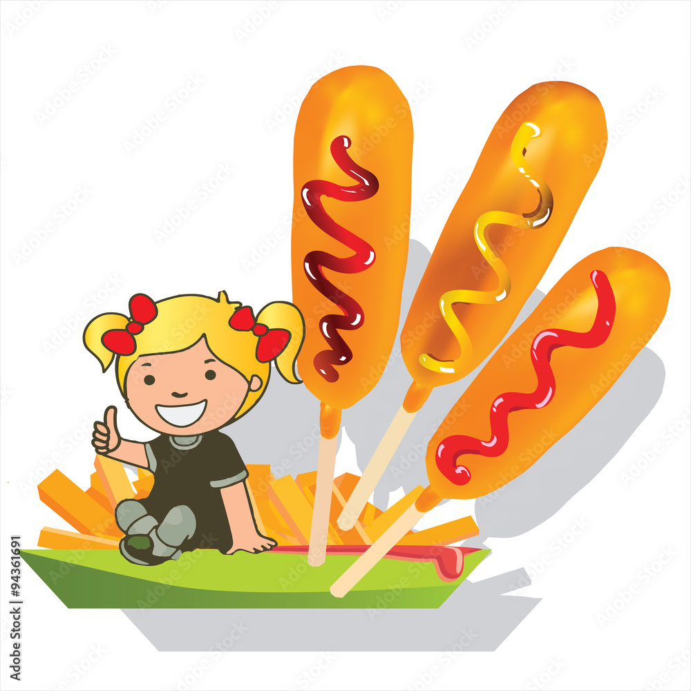 little girl corn dog and fries vector cartoon Stock Vector | Adobe Stock