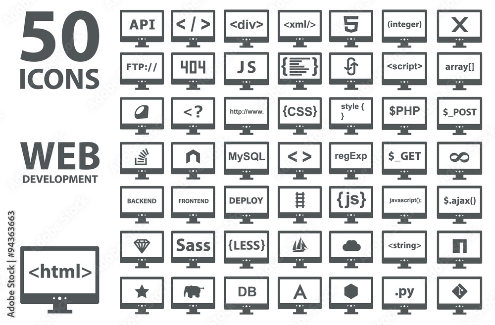 Vector Collection Of Web Development Icons Html Css Tag Server Programming Language Script