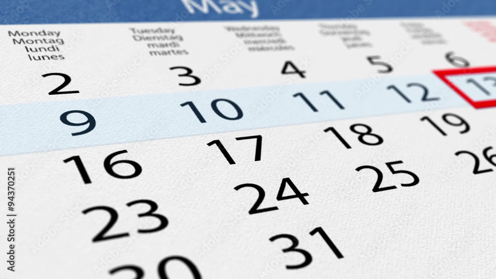 Date pointer moves over clean calendar with blue header, close-up vídeo ...