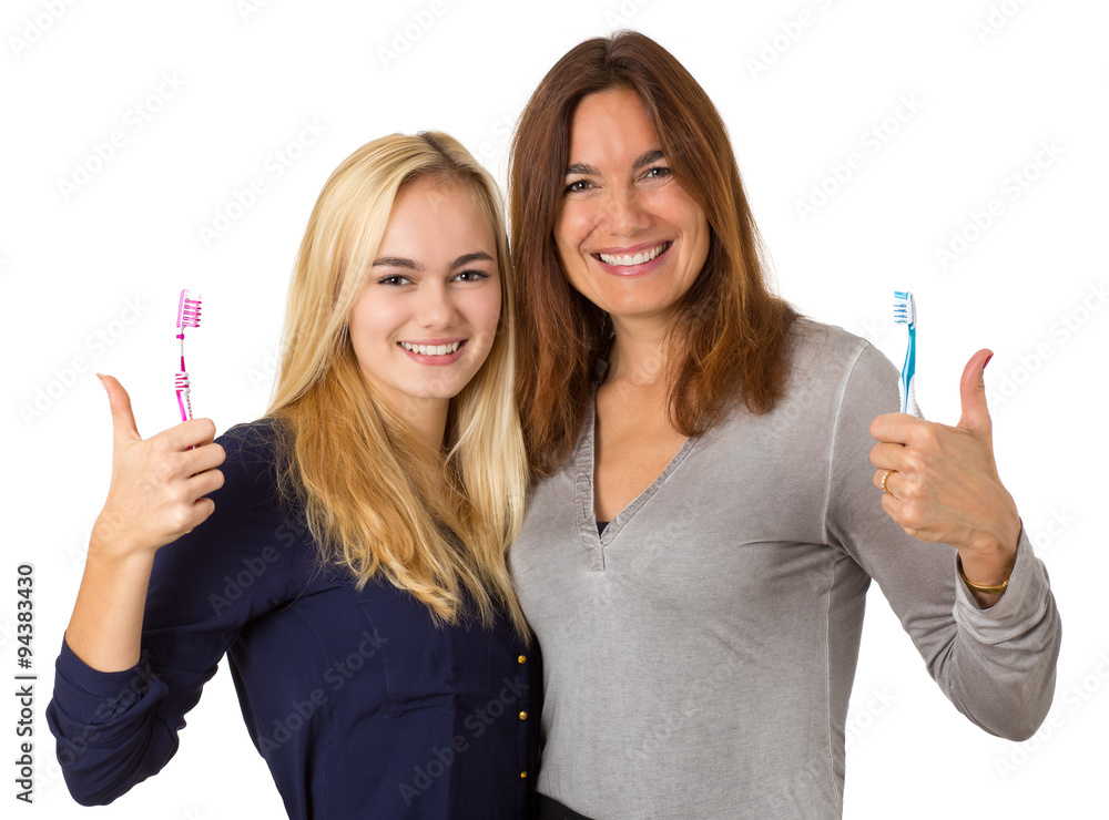 Mutter und Tochter mit blendend weißen Zähnen - Daumen hoch Stock Photo ...