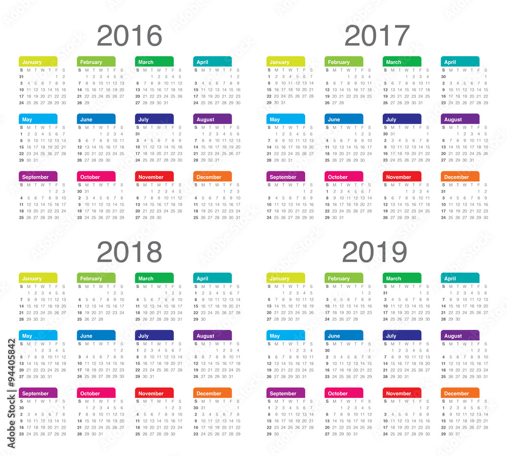 Calendar 2016 2017 2018 2019 Stock Vector | Adobe Stock