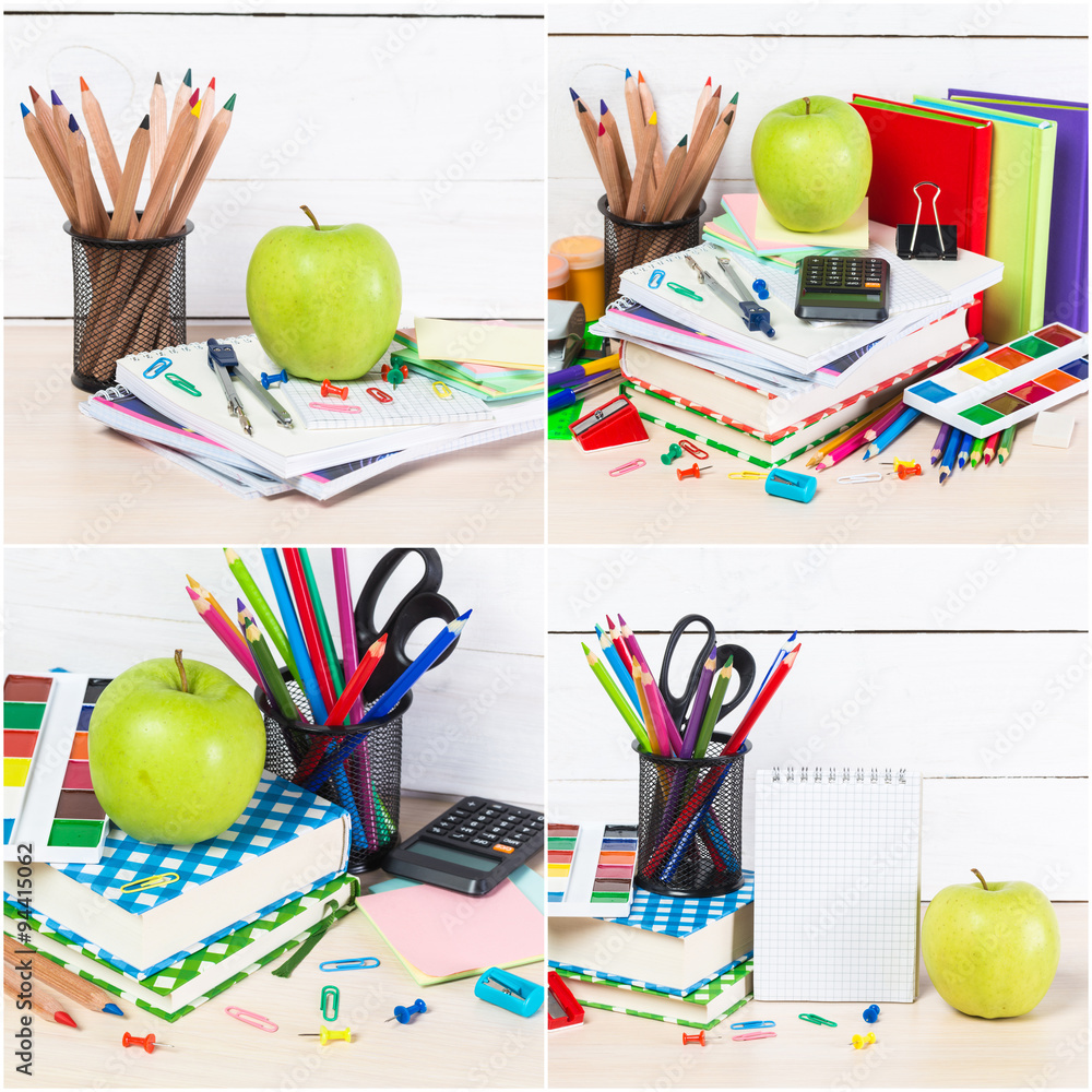 Collage of school supplies foto de Stock | Adobe Stock