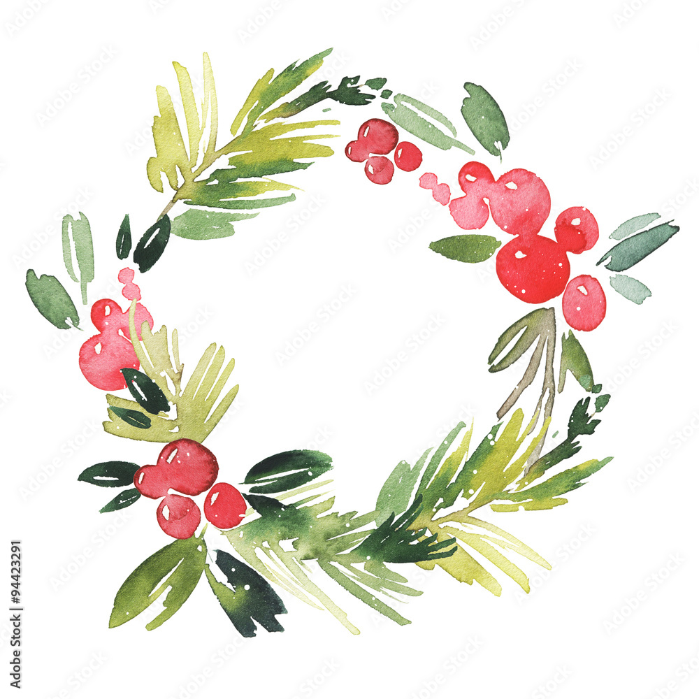 Christmas wreath watercolor. Handmade. Holiday card. Stock Illustration ...