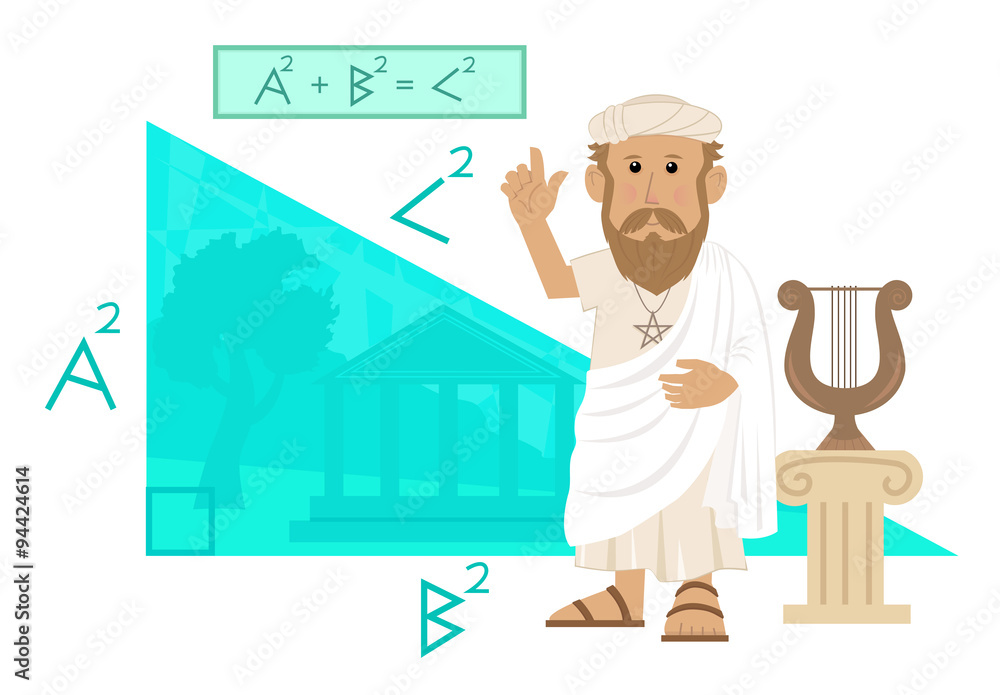 Pythagoras - Cute cartoon of Pythagoras pointing at his formula and a ...