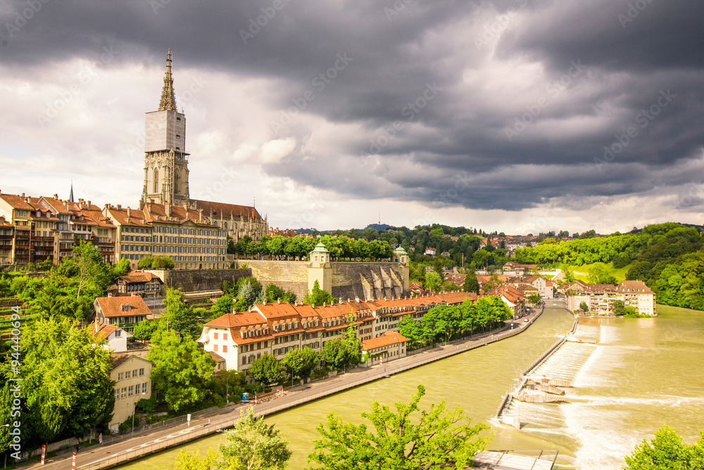 The Aare River in Bern characterized by its steep riverbank incline ...