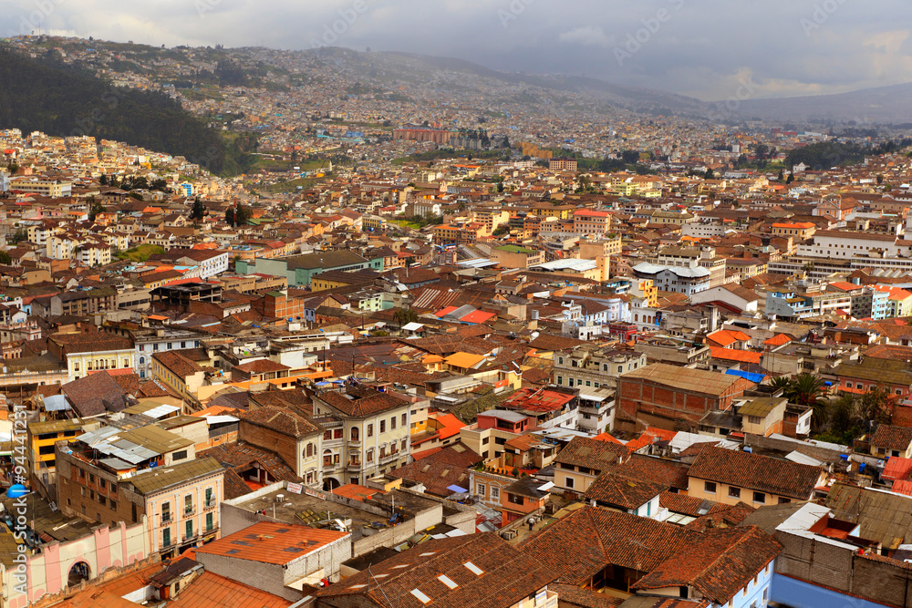 A bustling cityscape in Ecuador showing the development of ...