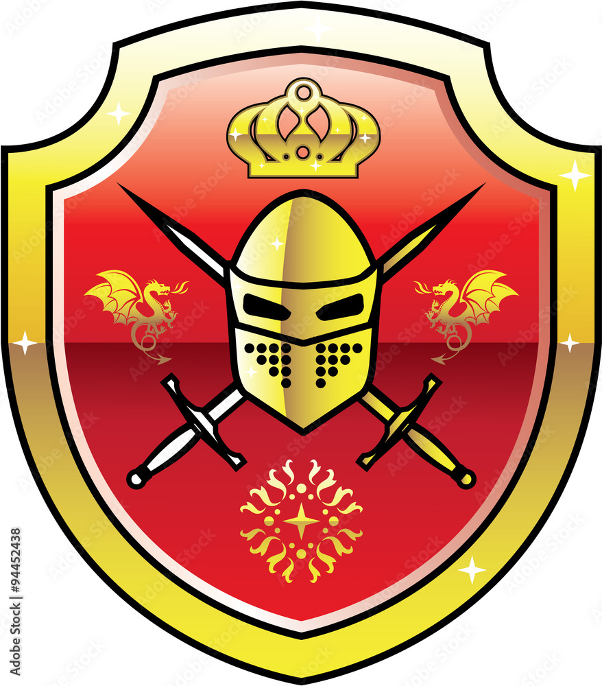 Coat of Arms Royal Knight logo on the Shield with Swords Golden Vector ...