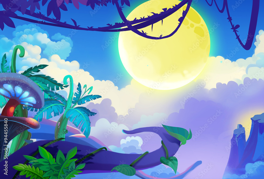 Illustration: The Top of Moon Shadow Mountain with Huge Moon, Vine, Sea ...