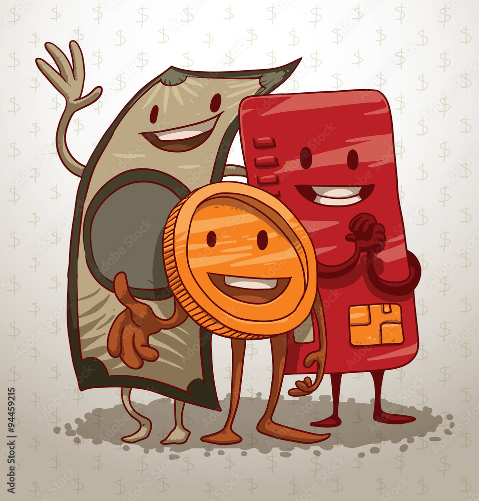 Vector funny money. Cartoon image of a funny green banknote, red credit ...