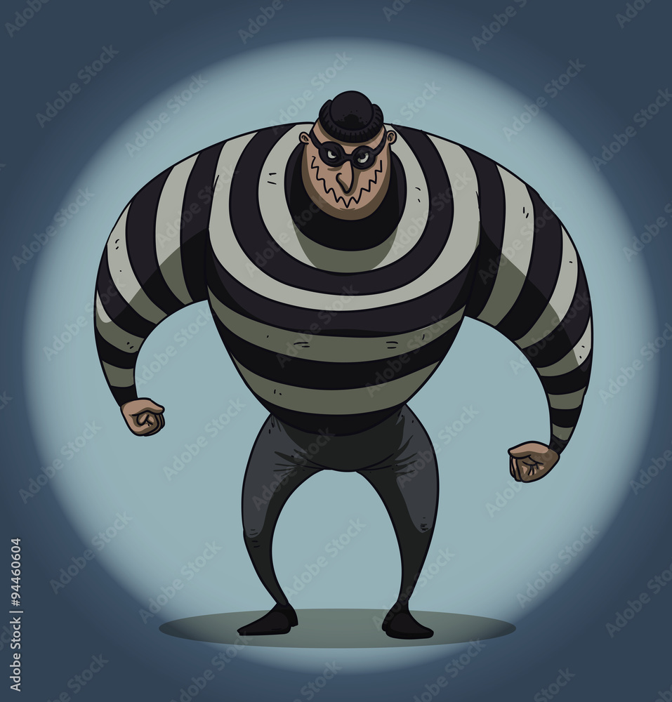 Vector cartoon image of a big robber in black pants and a striped ...