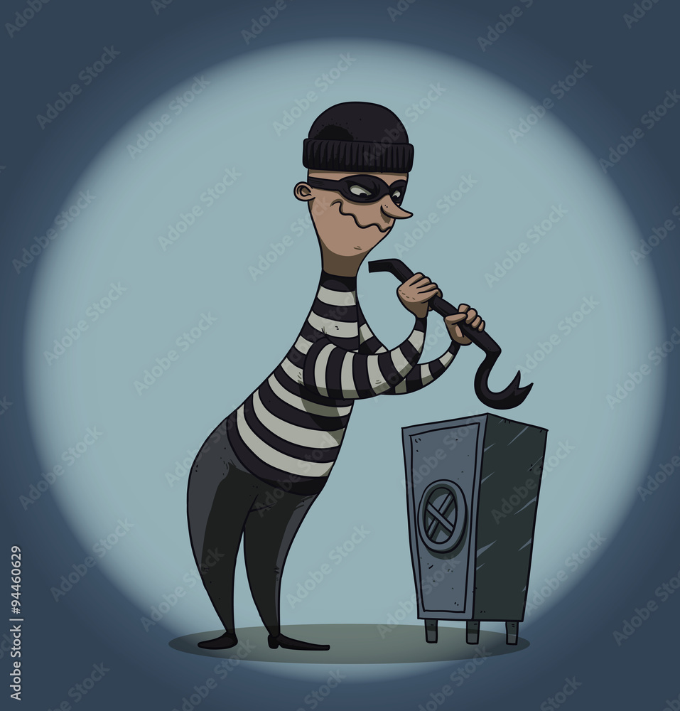 Vector cartoon image of a robber in black pants and a striped jacket ...