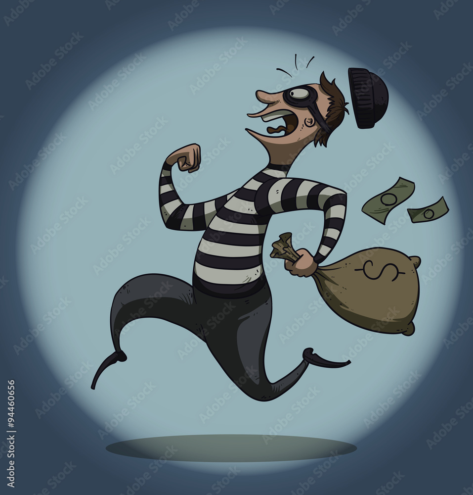 Vector cartoon image of a robber in black pants and a striped jacket ...