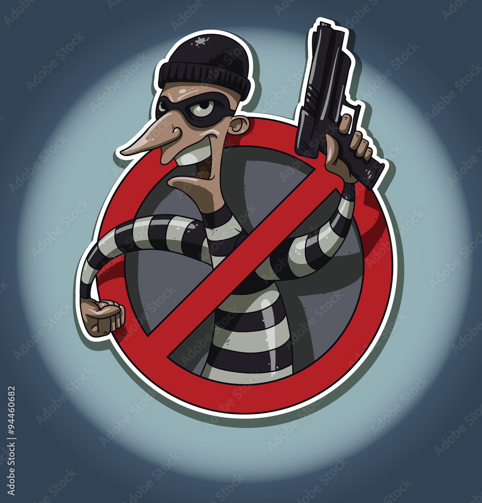 Vector cartoon image of a robber in a striped jacket with a mask on his ...