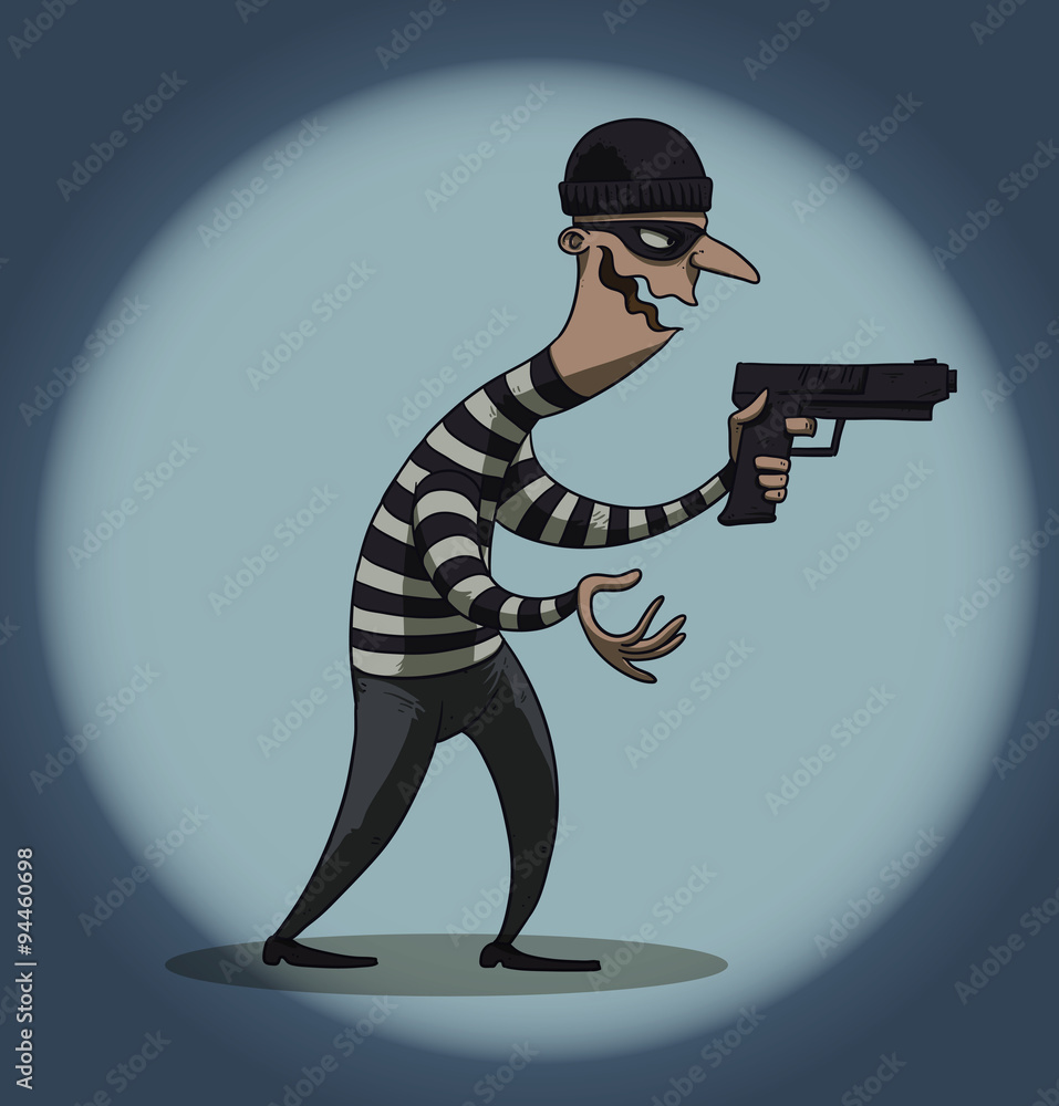 Vector cartoon image of a robber in black pants and a striped jacket ...