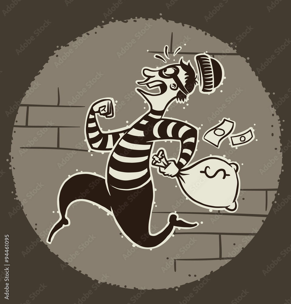 Vector cartoon image of a robber in black pants and a striped jacket ...