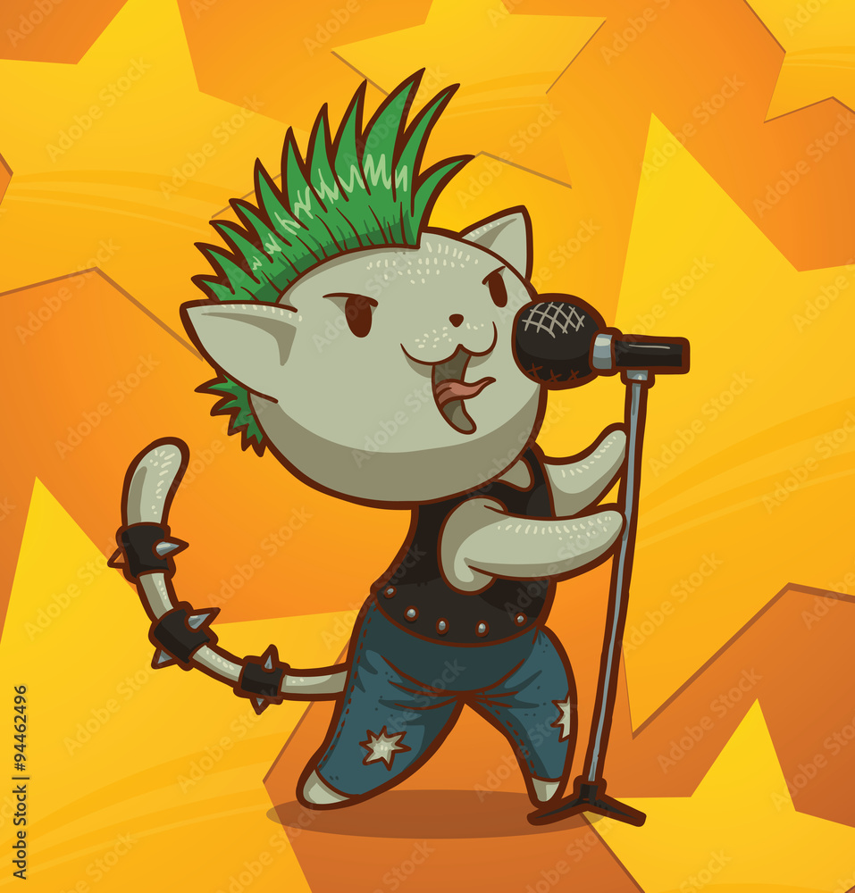 Vector cartoon image of a cat punk singer in torn blue jeans and a ...