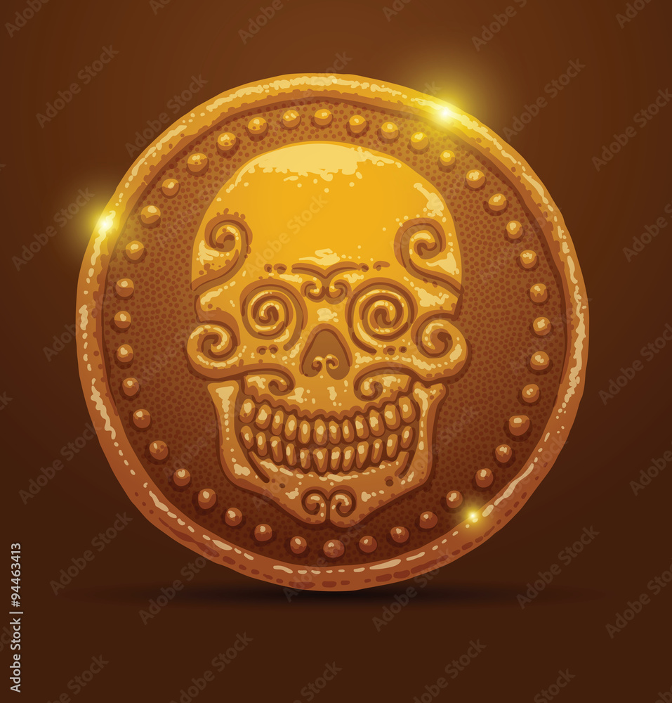Vector ancient gold coin with a skull. Image of the ancient gold coin ...