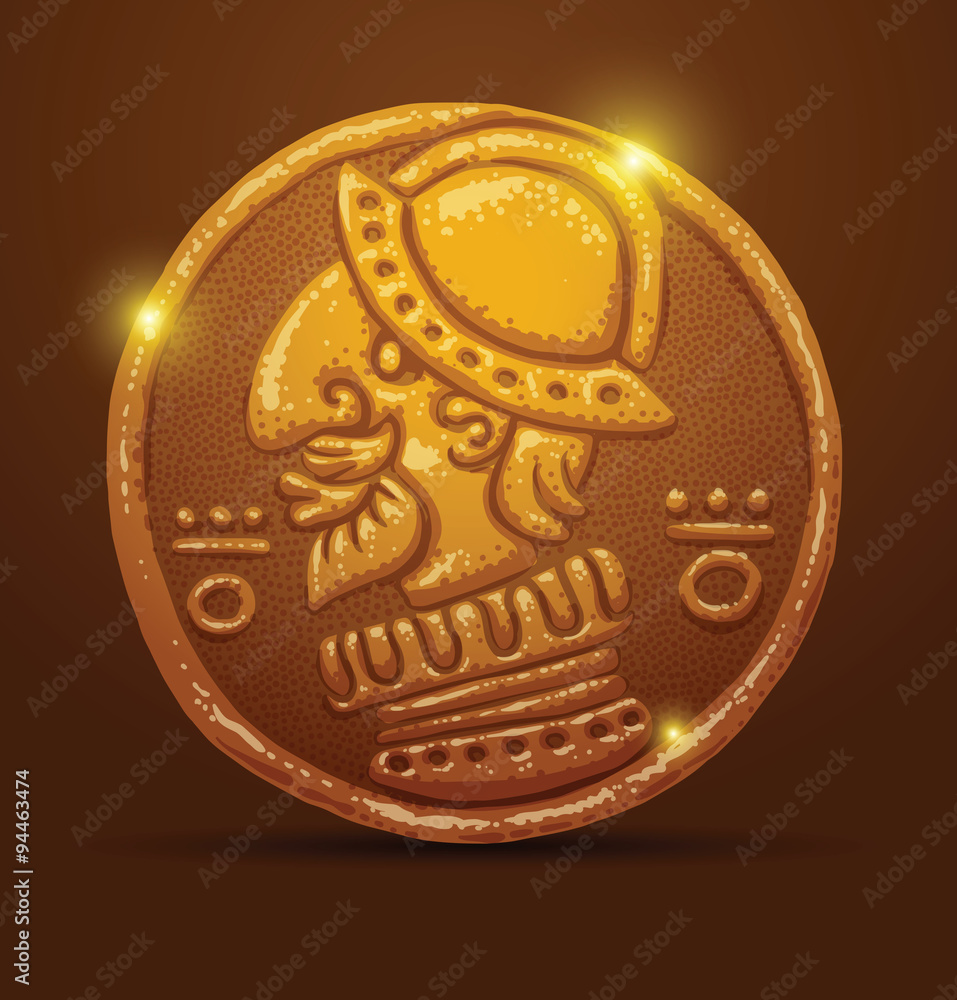 Vector ancient gold coin with the conquistador. Image of the ancient ...
