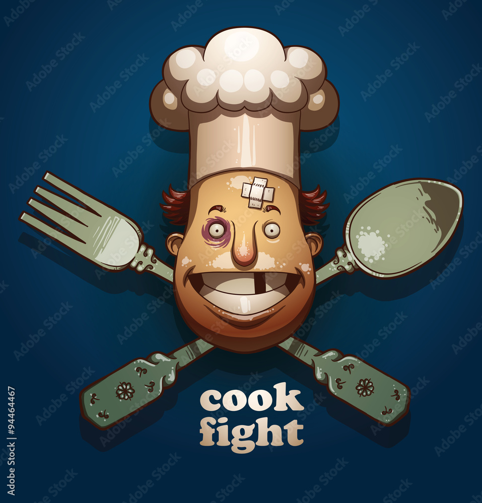 Vector cook fight emblem, spoon and fork. Cartoon emblem of cook fight ...