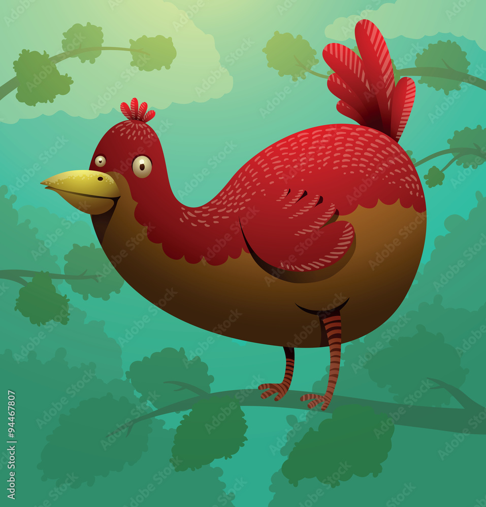 Vector funny red bird on a tree. Cartoon image of a funny red bird with ...