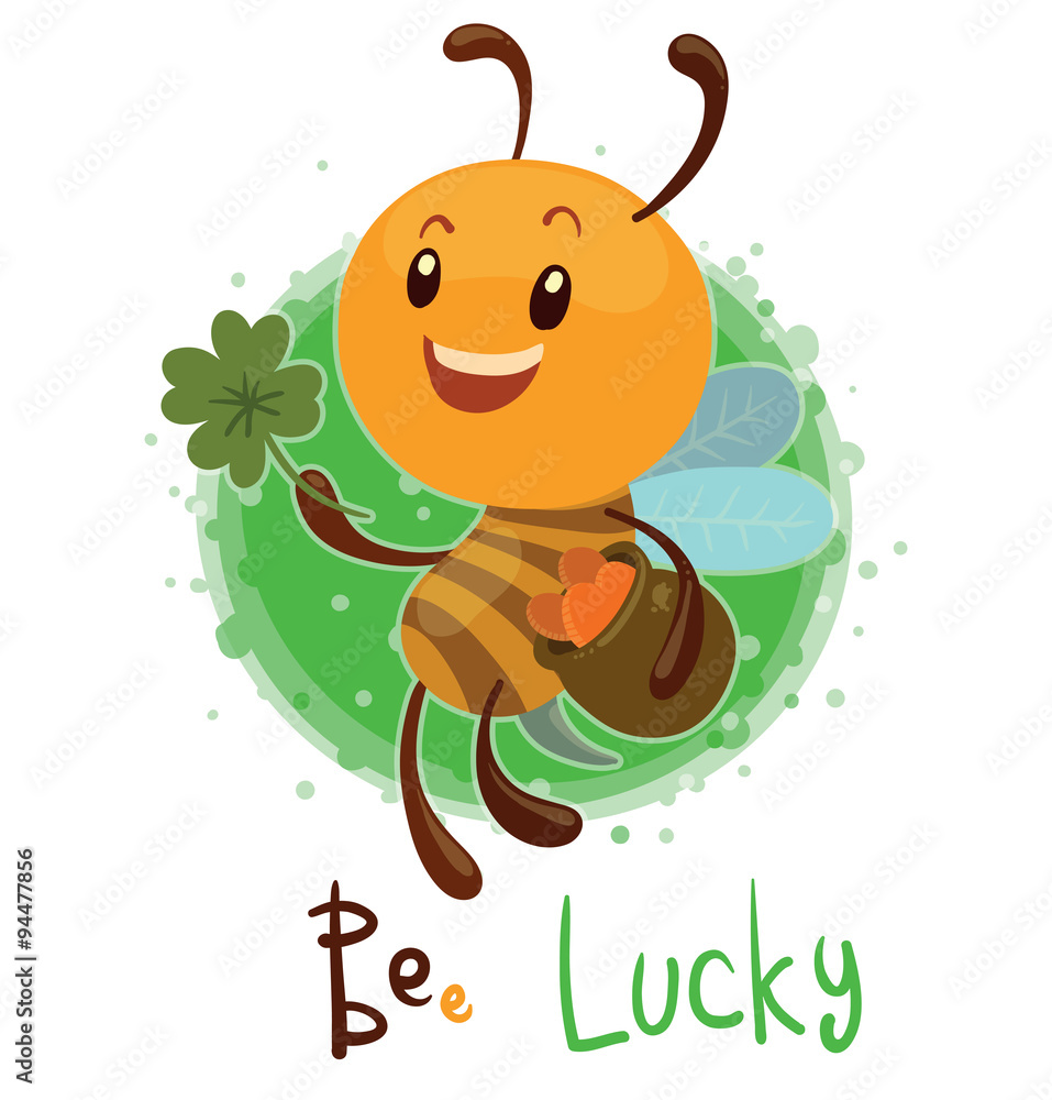 Vector BEe Lucky. Cartoon image of a funny bee boy with a pot of gold ...